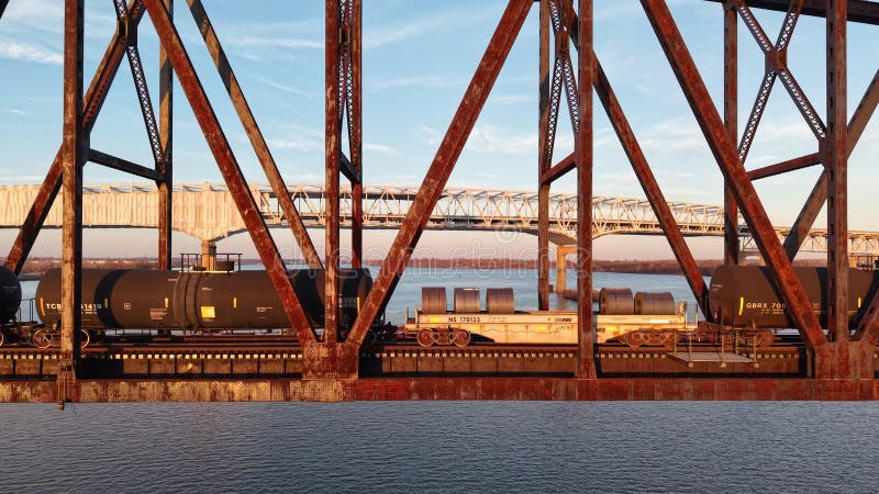 Aerial View of a Train on a Railroad Bridge Crossing the Delaware River ...