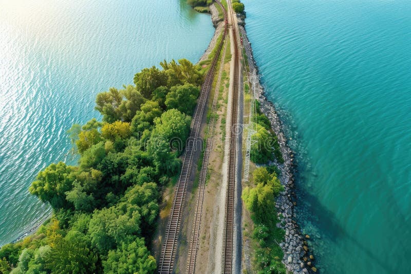 Aerial View of a Train Track Alongside a Lake or River, Suitable for ...