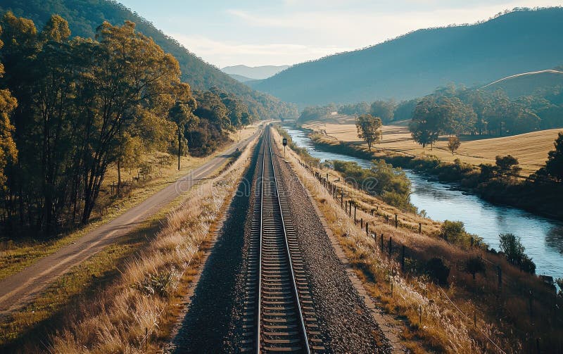 Aerial View of Train Tracks Leading through a Rural Valley Stock ...