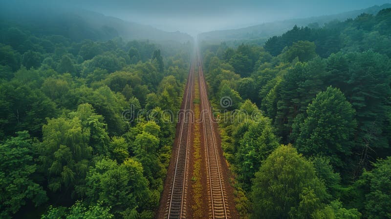 Aerial View of Train Tracks through a Misty Forest Stock Illustration ...