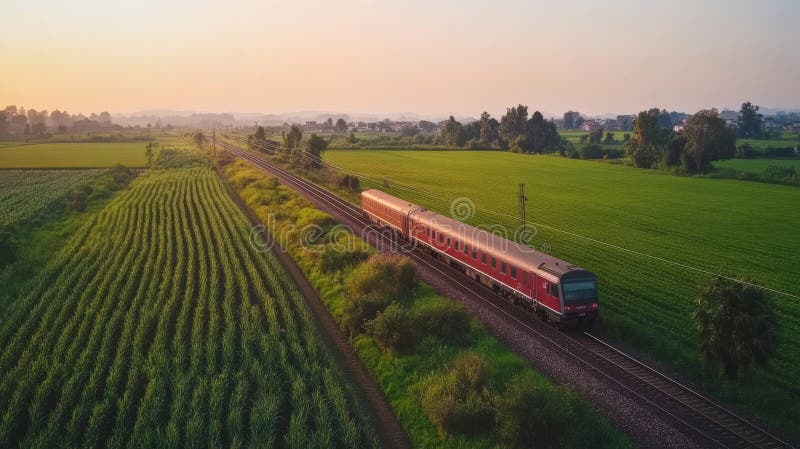 Aerial View of Train by Villages and Fields, Tranquil Rural Setting ...