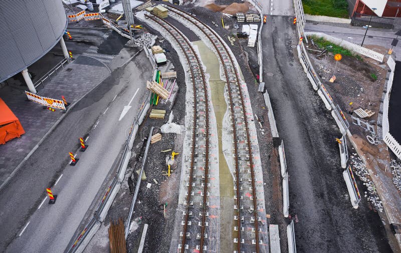 An Aerial View of the Tram Tracks is Under Construction Stock Photo ...