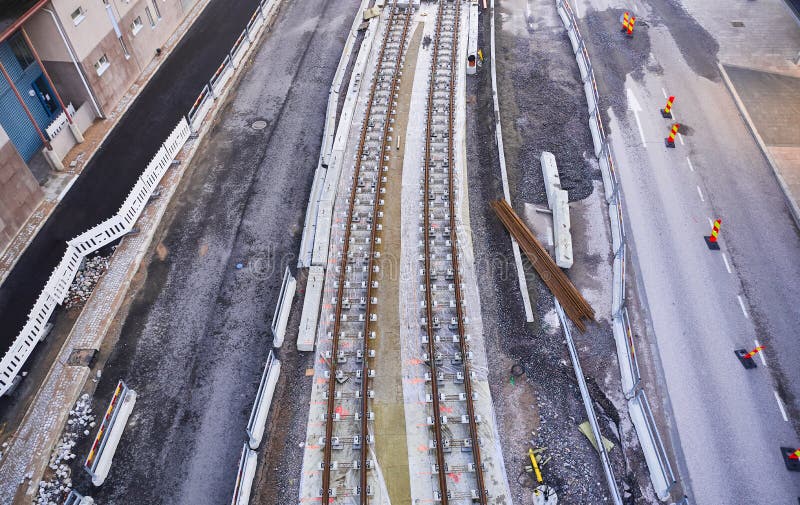 An Aerial View of the Tram Tracks is Under Construction Stock Image ...