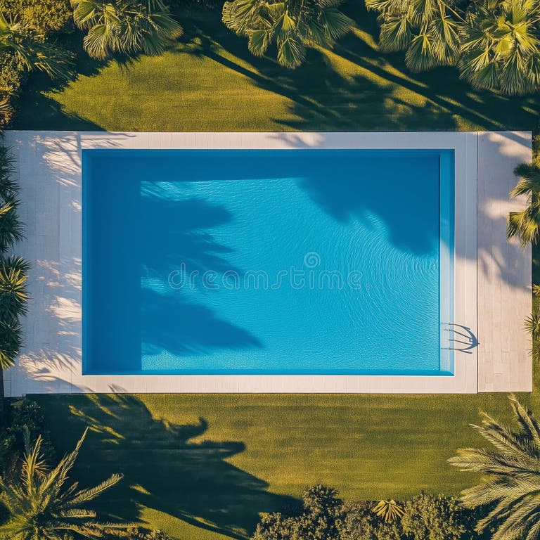 Aerial View of Tranquil Pool with Surrounding Lush Greenery and Shadows ...