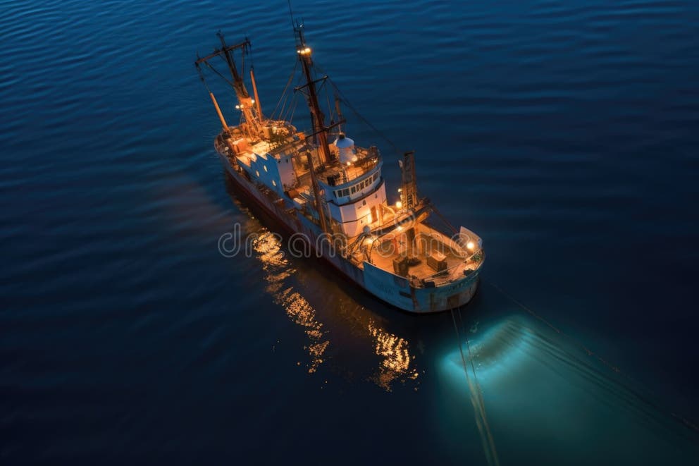Aerial View of Trawler Navigating through Dusk Waters Stock ...
