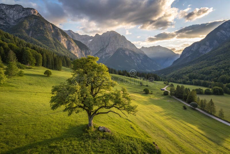 Aerial View of Tree in Green Alpine Meadows Stock Photo - Image of ...