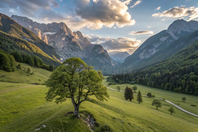 Aerial View of Tree in Green Alpine Meadows Stock Image - Image of ...