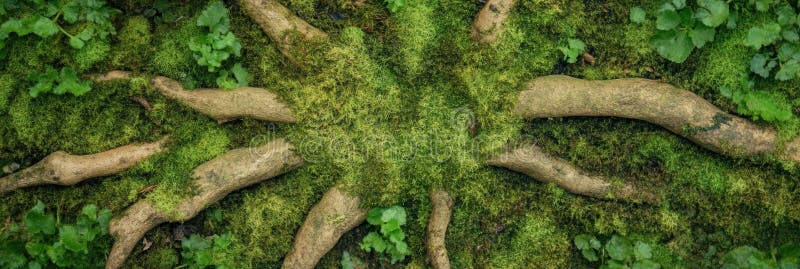 Aerial View of Tree Roots Intertwined with Moss in a Lush Forest ...