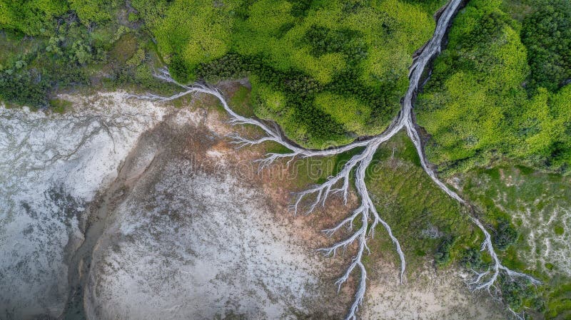 Aerial View of Tree Roots and Vegetation Bordering Arid Landscape Stock ...