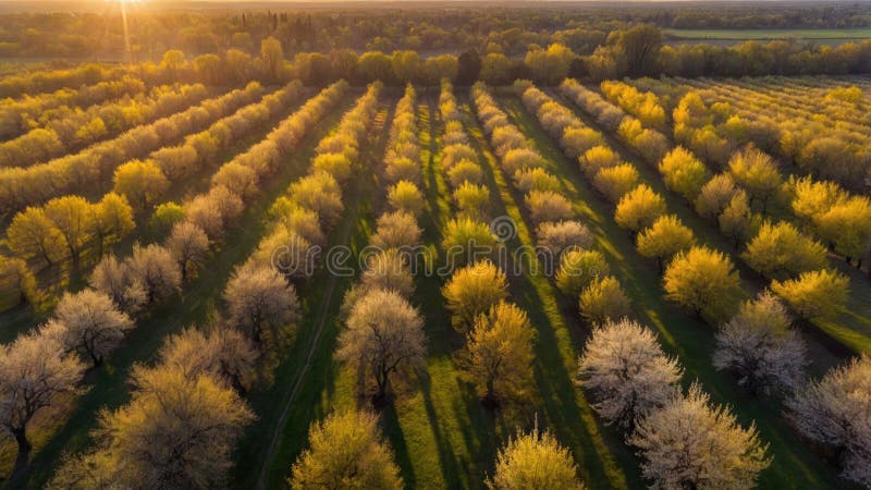 Aerial View of Golden Hour Orchard Rows Stock Illustration ...
