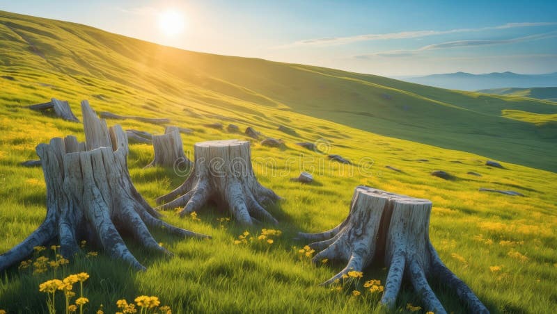 Aerial View of Tree Stumps on Hillside in Bright Sunlight. Stock Image ...