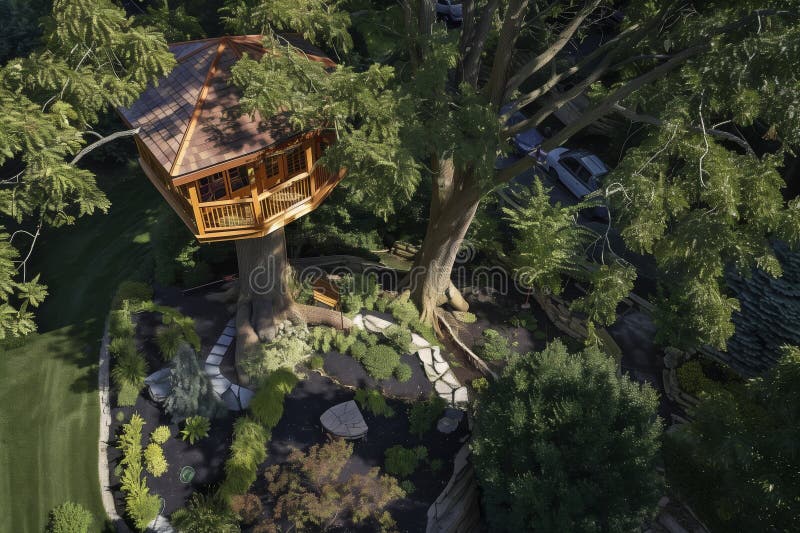 Aerial View of a Treehouse with a Landscaped Garden Beneath Stock Image ...