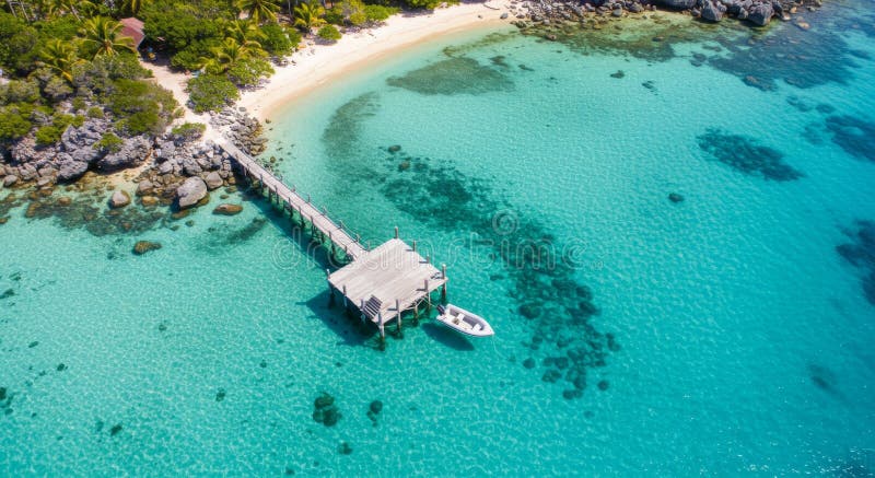 Aerial View of Tropical Beach with Pier and Boat Stock Illustration ...