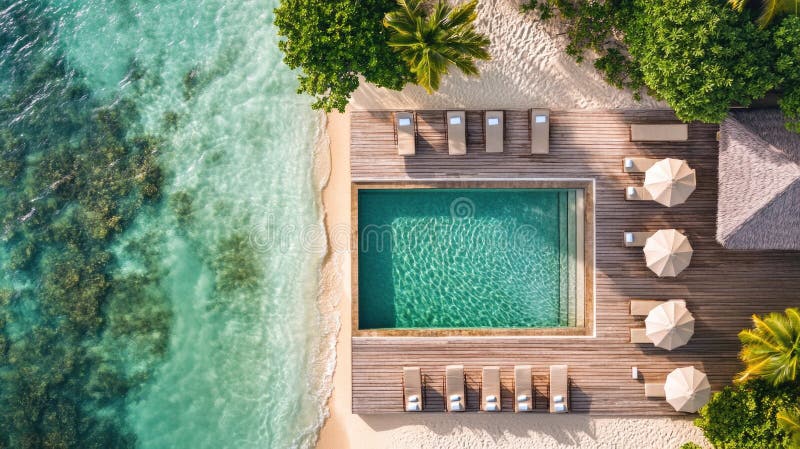 Aerial View of Tropical Beach Resort with Infinity Pool and Ocean Waves ...