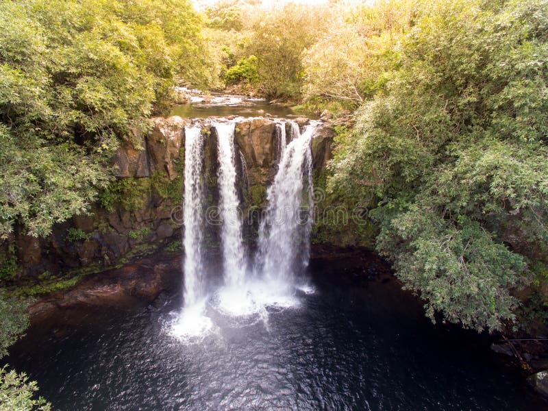 Aerial View of Waterfall with Three Water Flows and Sunset Stock Image ...