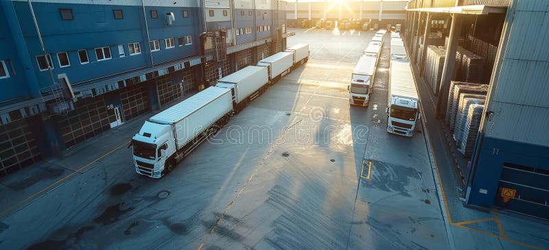 Aerial View of Trucks Loading and Unloading at a Warehouse during ...