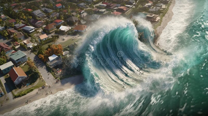 Aerial View of Tsunami with a Big Wave Generative AI Stock Illustration ...