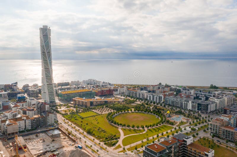Aerial View of the Turning Torso Skyscraper in Malmo, Sweden during a ...