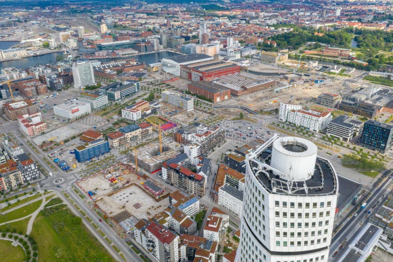 Aerial View of the Turning Torso Skyscraper in Malmo, Sweden during a ...