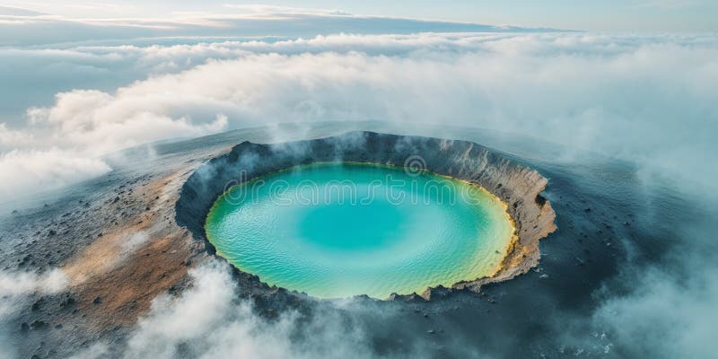 Aerial View of Turquoise Geothermal Pool in Volcanic Crater Stock Photo ...
