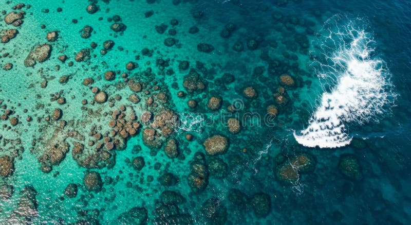 Aerial View of Turquoise Ocean with Coral Reef and Waves Stock ...