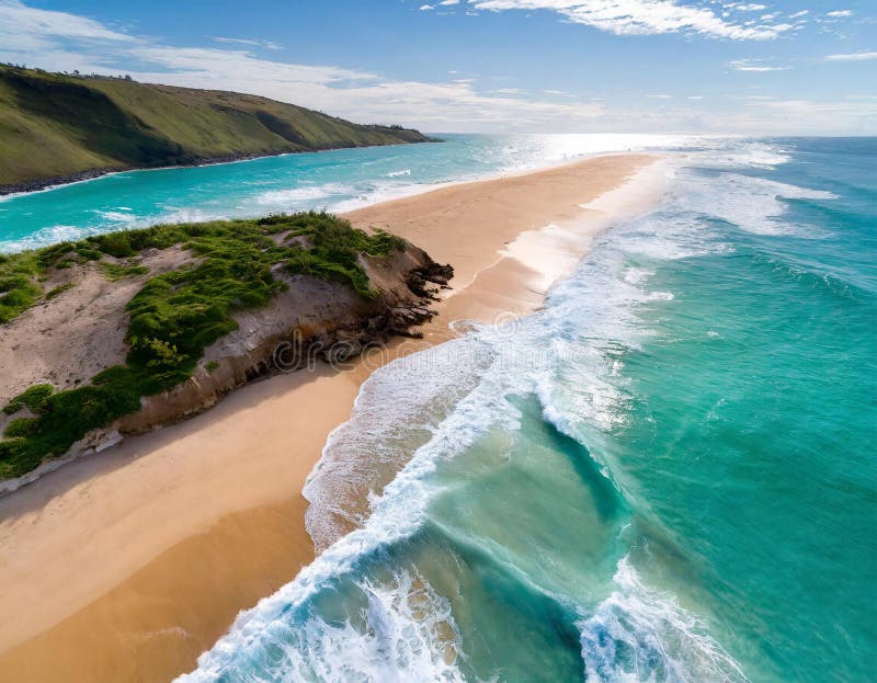 Aerial View of Turquoise Waves Crashing on Sunny Sandy Beach Stock ...