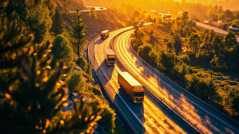 Aerial View of Two Cargo Trucks Driving through Highway at Sunset Stock ...