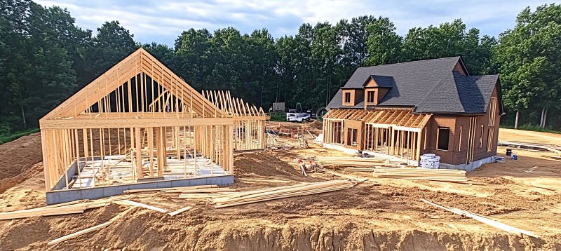Aerial View of Two Homes Under Construction with Lumber and Building ...