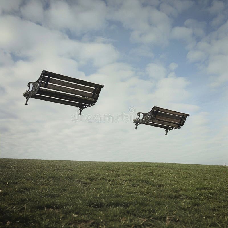 Aerial View of Two Park Benches Floating in the Sky, Creating a ...
