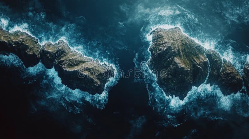 Aerial View of Two Rocky Islands Surrounded by Foaming Ocean Waves ...