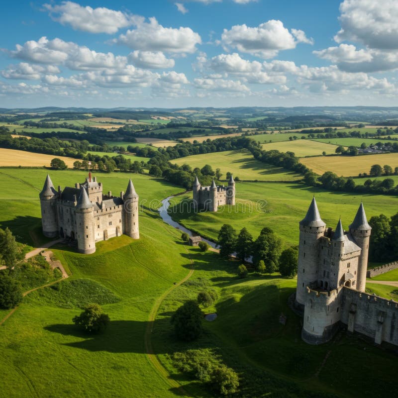 Aerial View of Two Stone Castles in a Green Landscape Stock ...