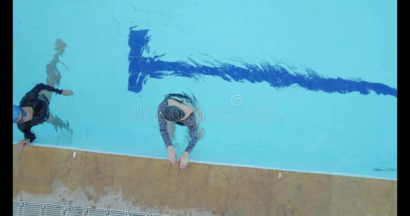 Aerial View of Two Swimmers Talking during Training in the Pool Stock ...