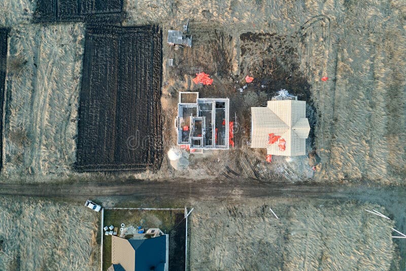Aerial View of Unfinished Frame of Private House Foundation Under ...