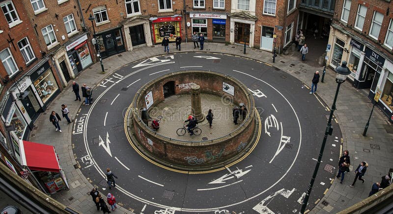 Aerial View of a Unique Roundabout Featuring a Small Brick Structure in ...