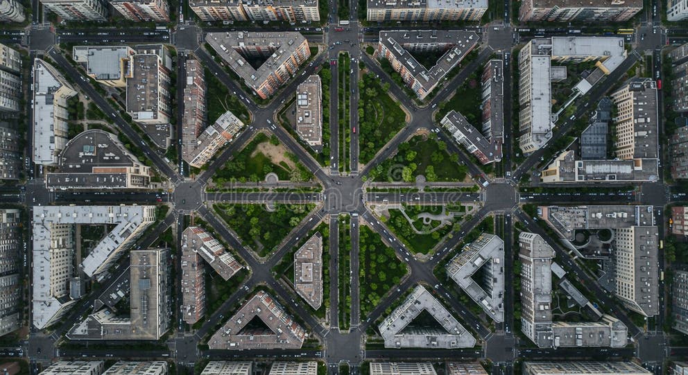 Aerial View of an Urban Grid Showcasing Symmetrical Triangular and ...