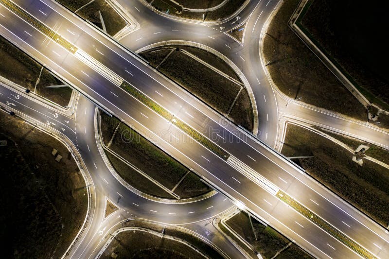 Urban Highway Intersection Road in the Night Light Stock Image - Image ...