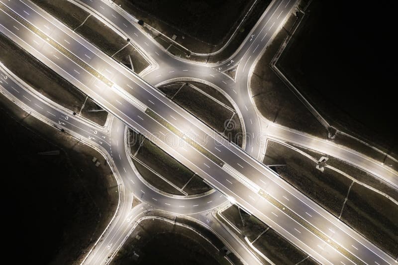 Urban Highway Intersection Road in the Night Light Stock Image - Image ...