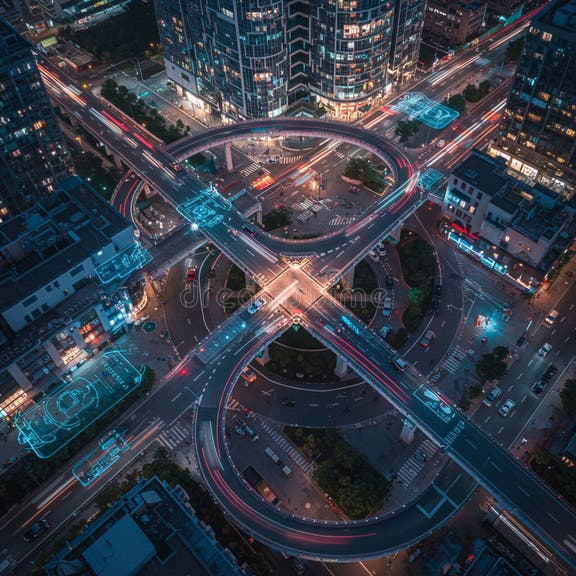 Aerial View of an Urban Intersection with Elevated Roads Forming a ...