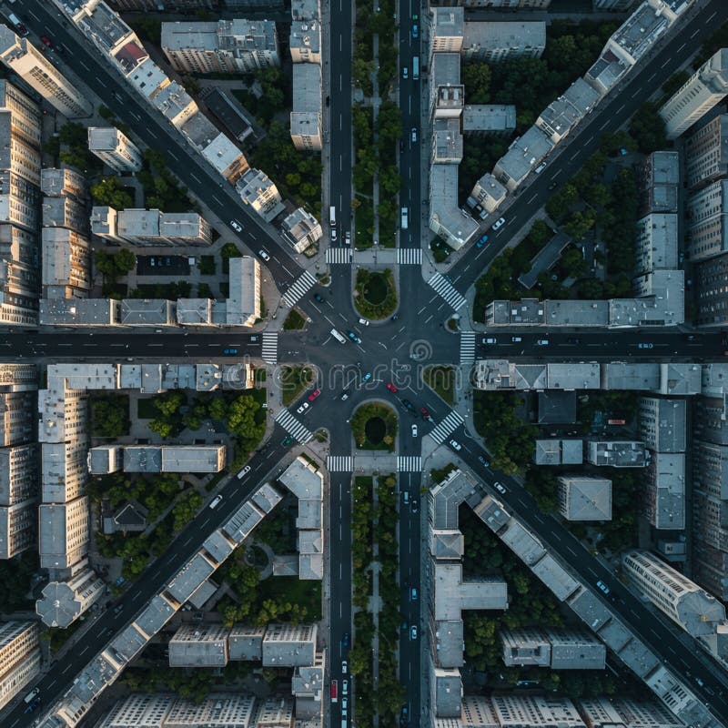 Aerial View of an Urban Intersection with Multiple Roads Converging at ...