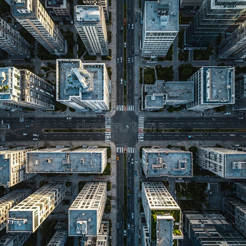 Aerial View of an Urban Intersection with Tall, Rectangular Buildings ...