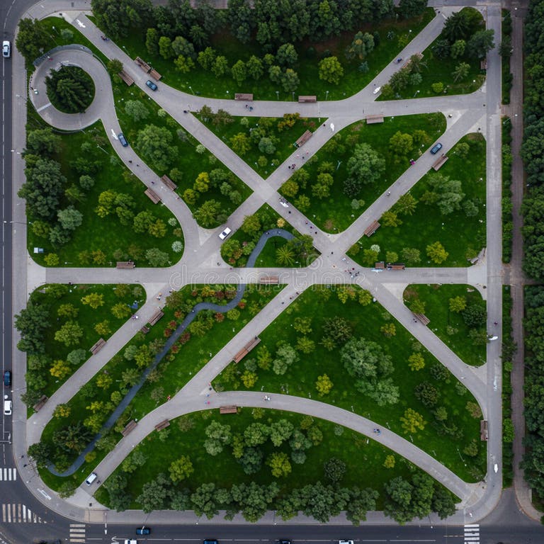 Aerial View of an Urban Park with a Symmetrical Layout, Featuring ...