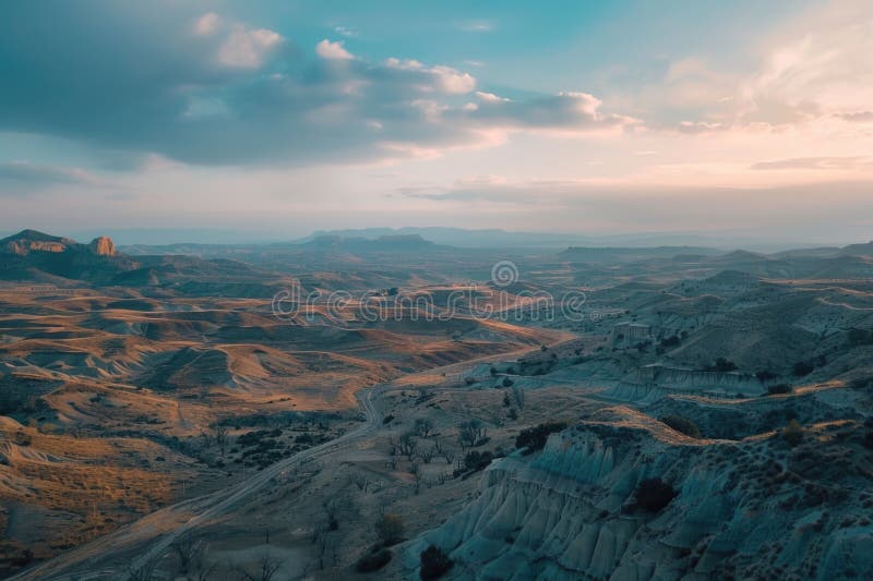Aerial View of a Valley in the Middle of a Desert, with Sand Dunes and ...