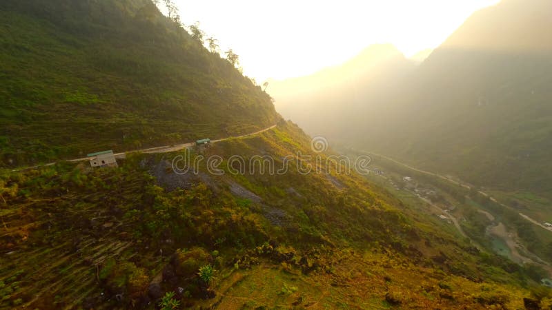 Aerial View of a Valley in the Mountains on the Ha Giang Loop at Sunset ...