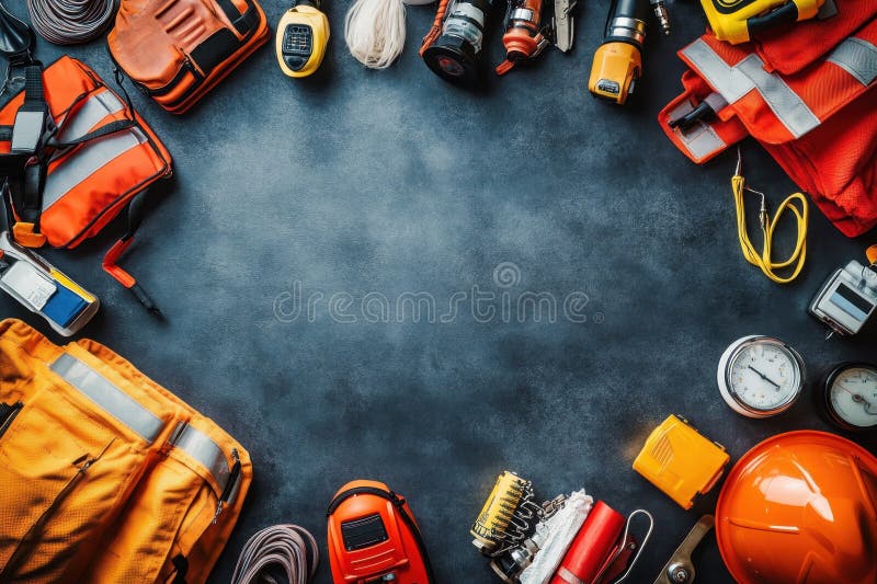 Aerial View of Various Construction Tools and Safety Gear on a Dark ...