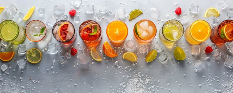 Aerial View of Various Ice-cold Drinks on a Gray Background, with a ...