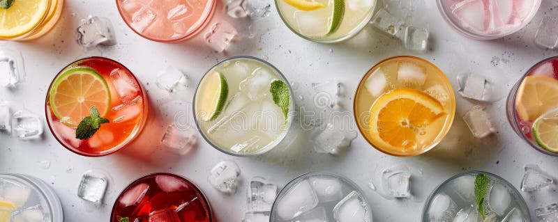 Aerial View of Various Ice-cold Drinks on a Gray Background, with a ...