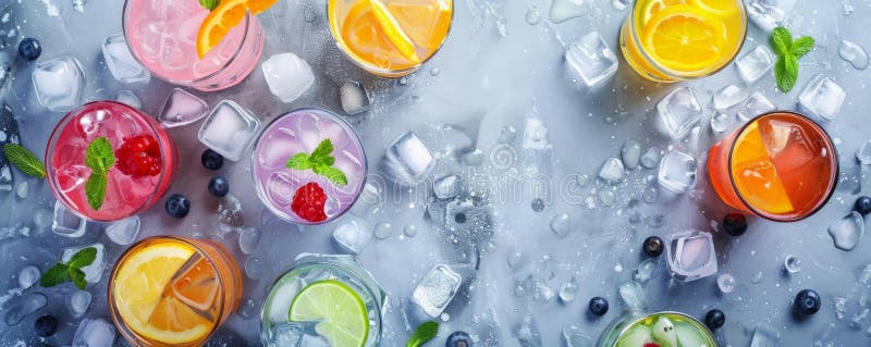 Aerial View of Various Ice-cold Drinks on a Gray Background, with a ...