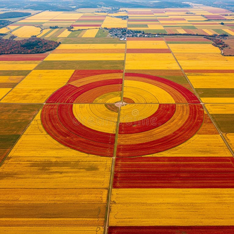 Aerial View of Vast Agricultural Fields Featuring a Striking Circular ...