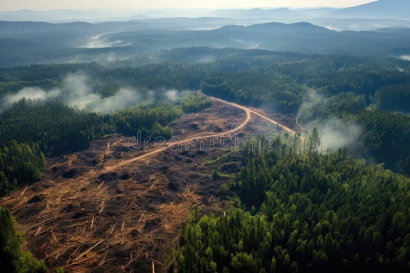 Aerial View of Vast Clear-cut Logging Area in Dense Forest Stock ...