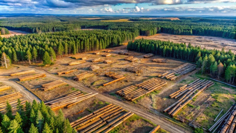 Aerial View of a Vast Forest Logging Operation with Stacks of Timber ...